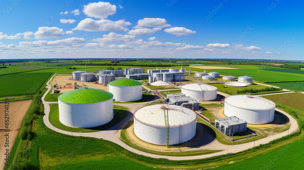 Green biogas plant storage tanks. Aerial view over biogas plant and farm in green fields ...