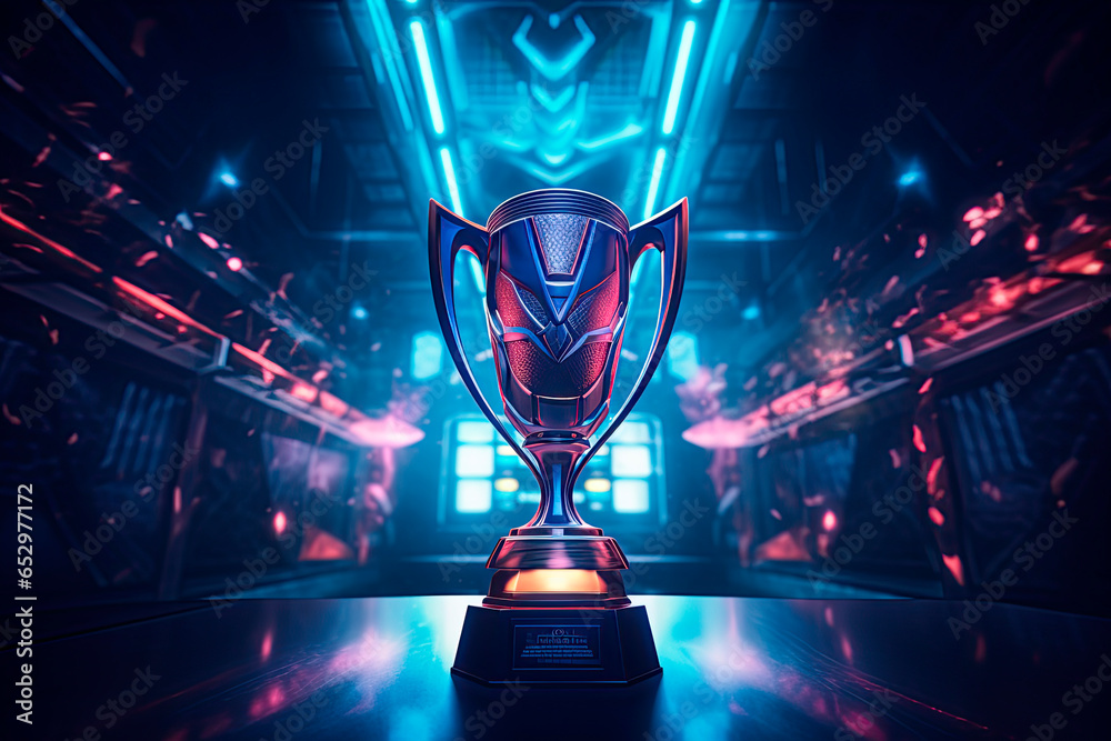 The esports winner trophy standing on the stage in the middle of the ...