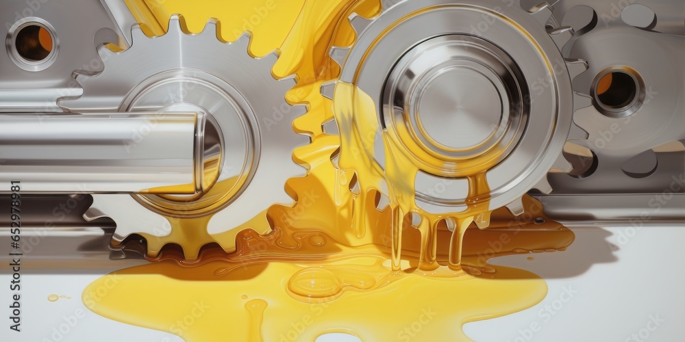 Oil Flowing Seamlessly into Gears, Set Against a Subtle Light Grey ...