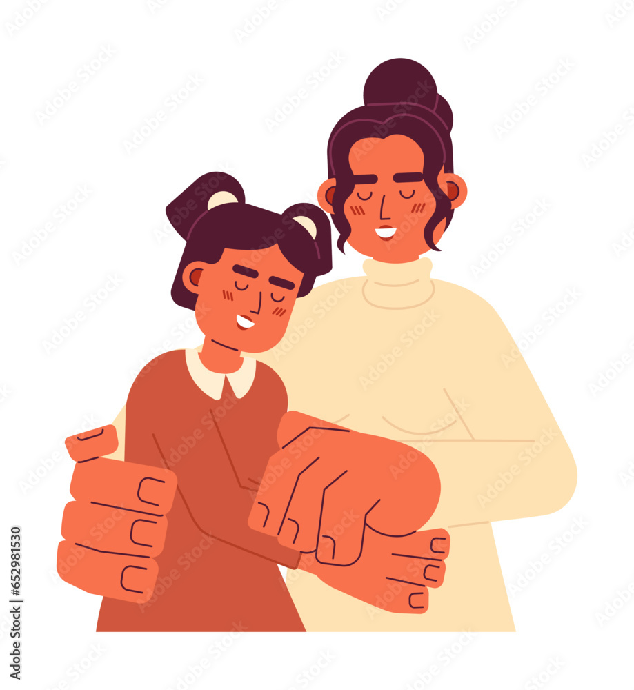 Hispanic young daughter mom cuddling 2D cartoon characters. Latina ...