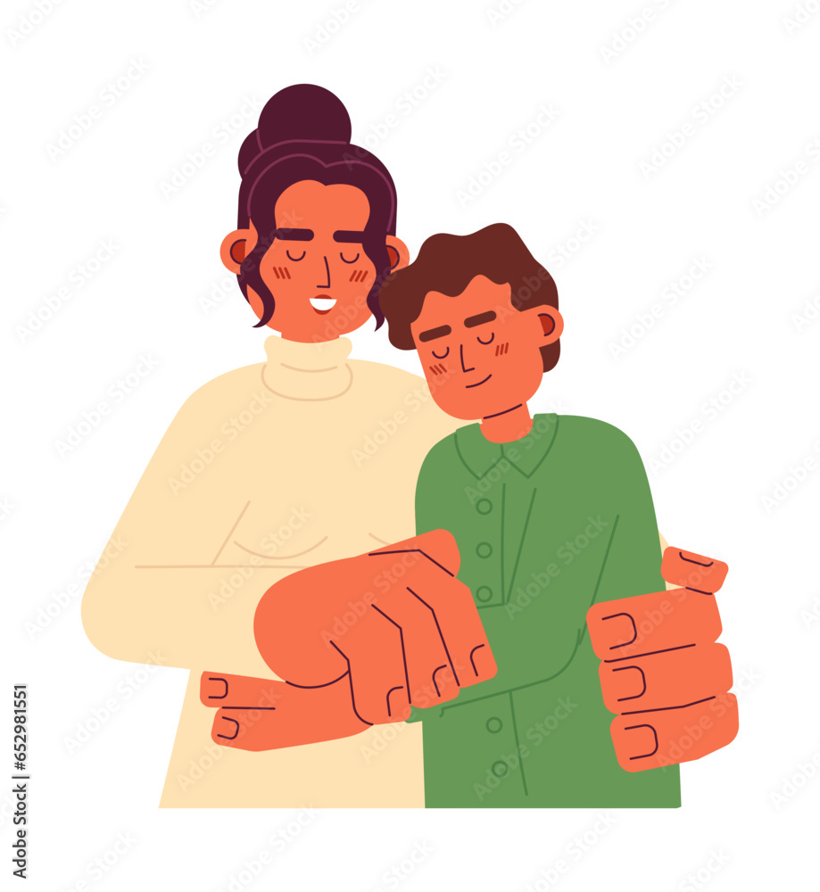 Latino mom teen son hugs 2D cartoon characters. Hispanic mother ...