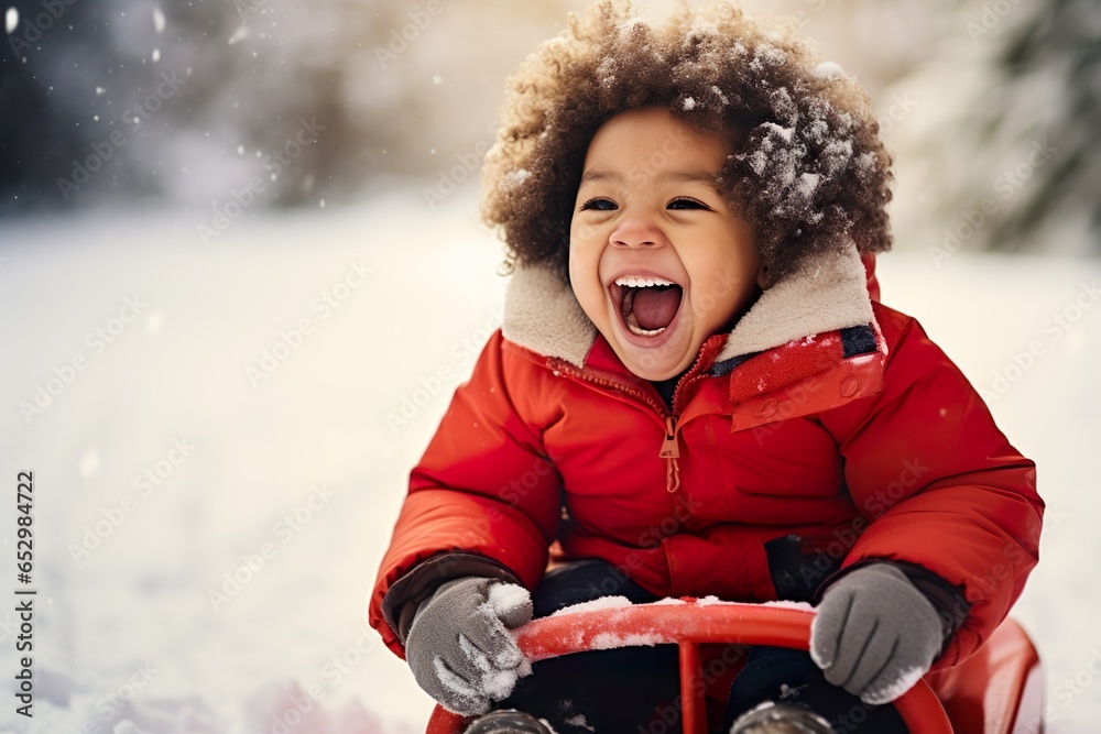 Black mixed race toddler child wearing a red coat laughing and having ...