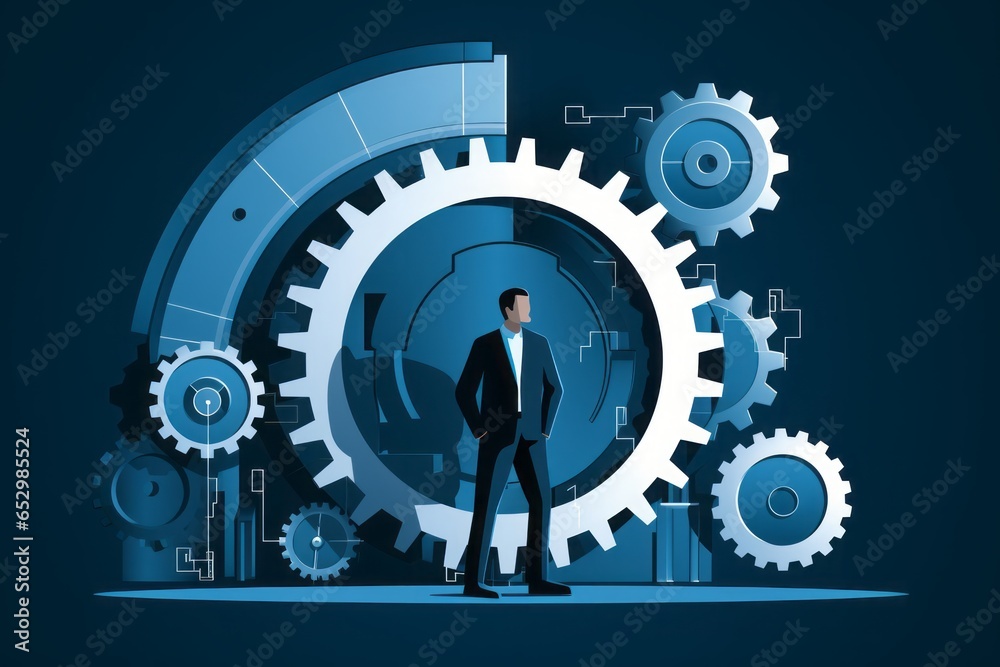2D Image Icon Depicting a Man Standing on a Gear Wheel, Symbolizing the ...