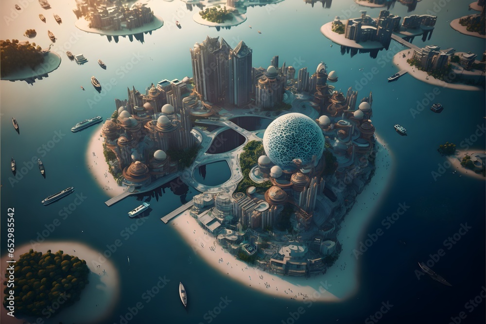 topview of a city on water with a futuristic and efficient ...
