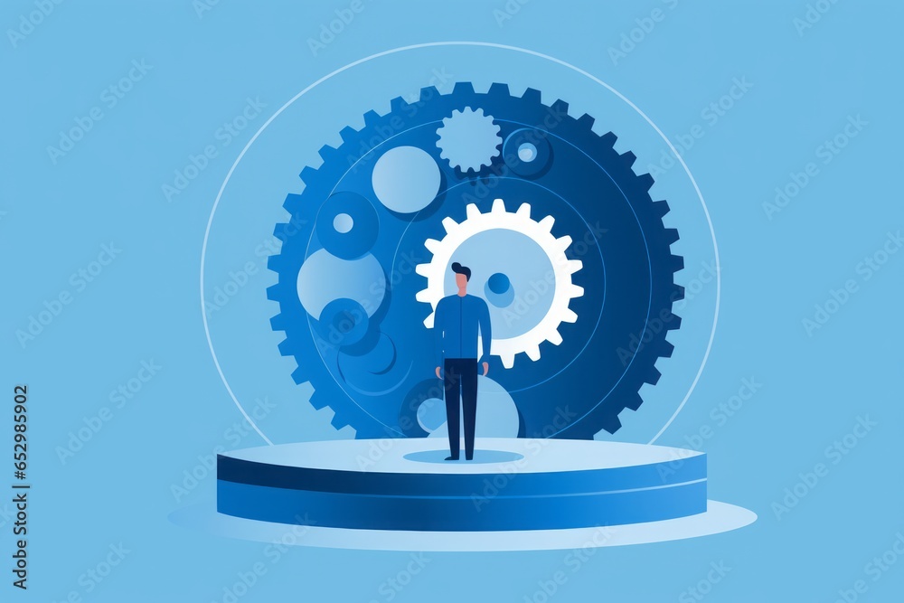2D Image Icon Depicting a Man Standing on a Gear Wheel, Symbolizing the ...