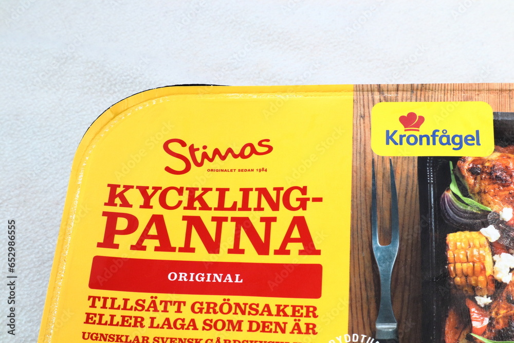 Swedish chicken food box called Stinas kyckling. From Kronfågel. Sweden 2023. Stock Photo ...