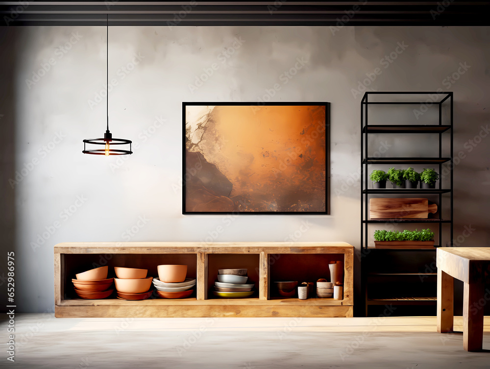 Kitchen cement walls countertop shelves stools large mock up minimal ...