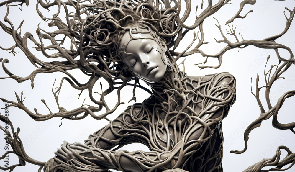 Anatomical human body covered with branches and roots. Woman tree ...