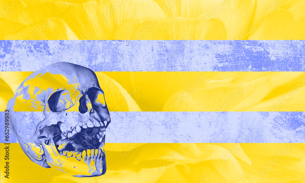 Blue screaming skull on textured yellow and blue background. Horizontal ...