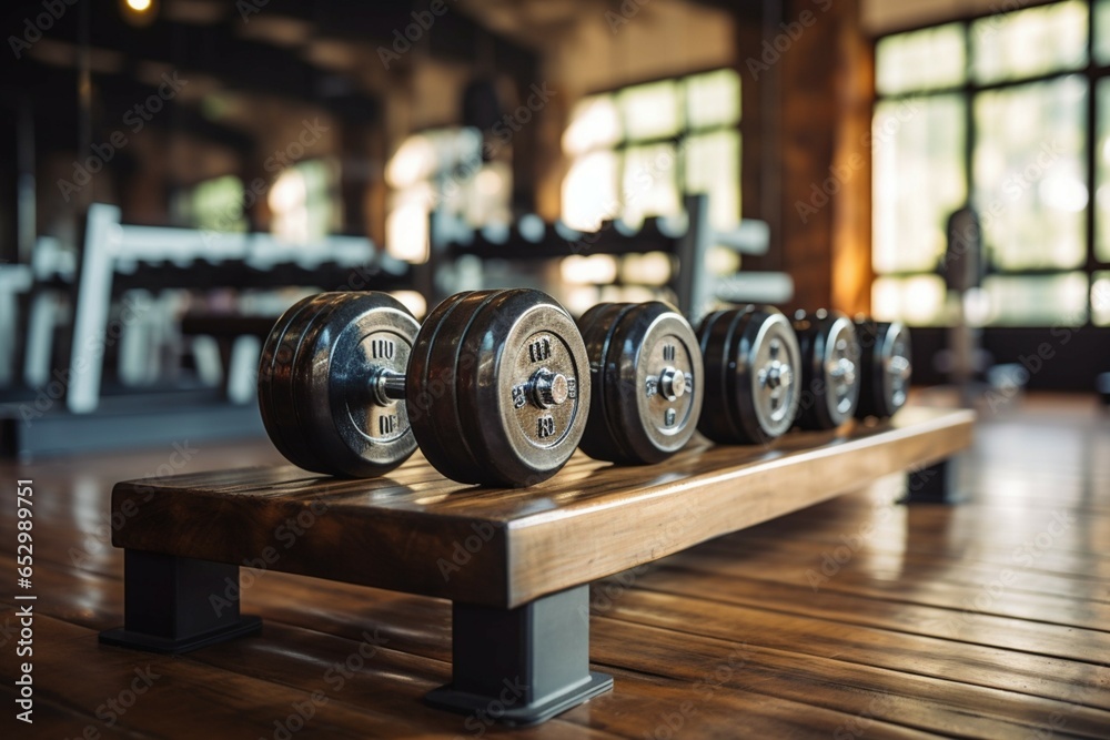 Dumbbells, the tools for strength, stand ready in a dedicated fitness ...