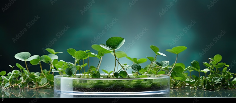 Top down view of a lab background showing a petri dish with Gotu Kola ...