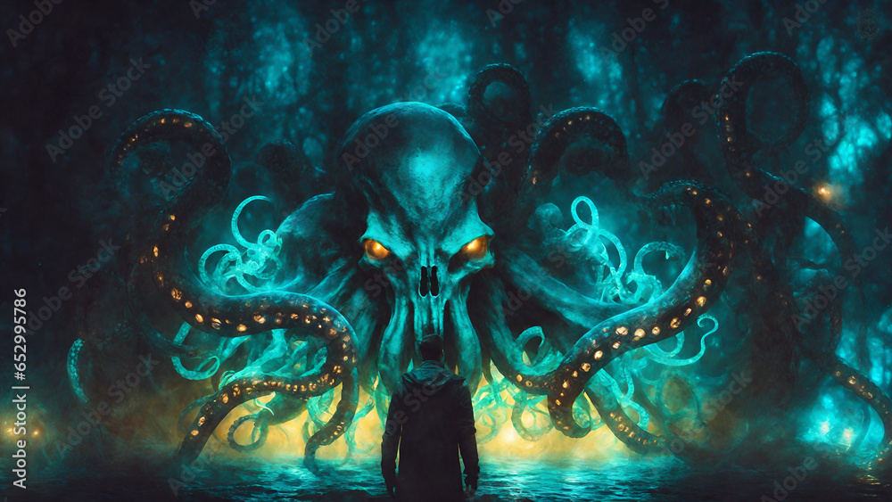 Demon with Lion Skull bioluminescence glow octopus tentacles on a ...