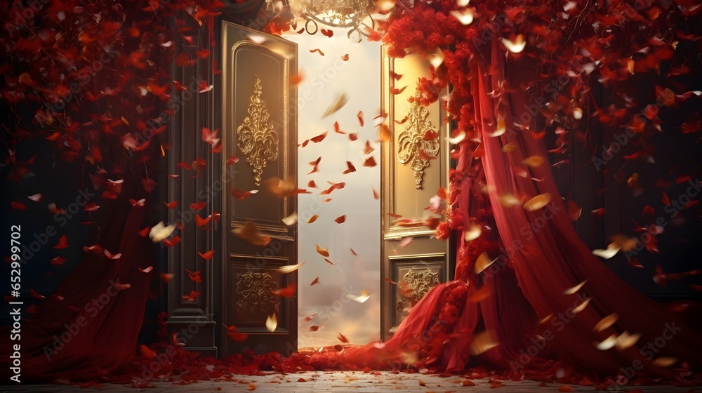 Flower petals and leaves flying through an open door. Stock-Foto ...