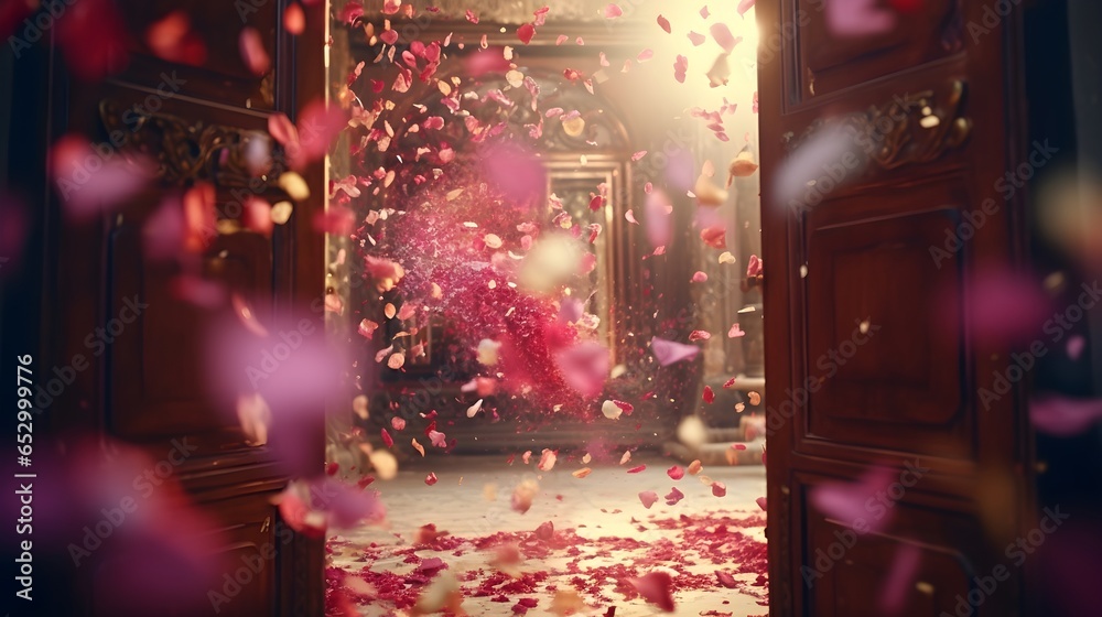 Flower petals and leaves flying through an open door of a luxury house ...