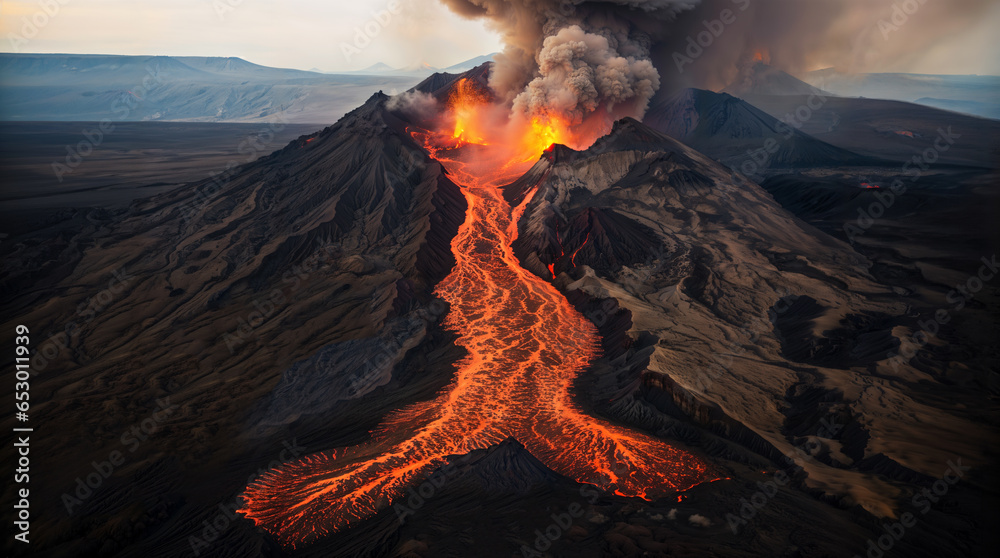 Big volcano eruption, erupting with fiery lava and fire spewing from ...