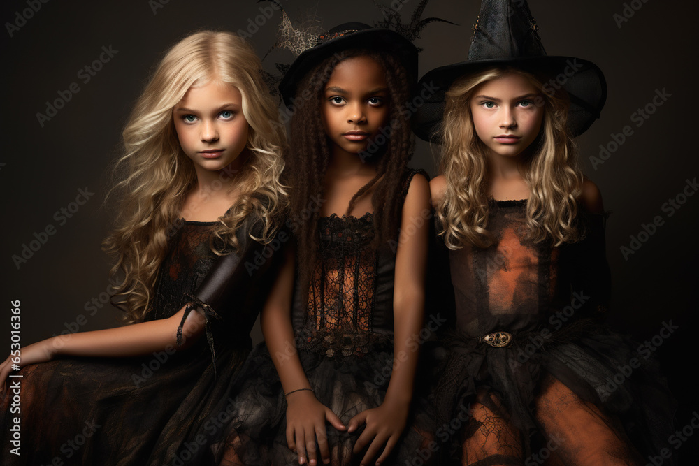 Beautiful young girls dressed as witches for Halloween, posing on a ...