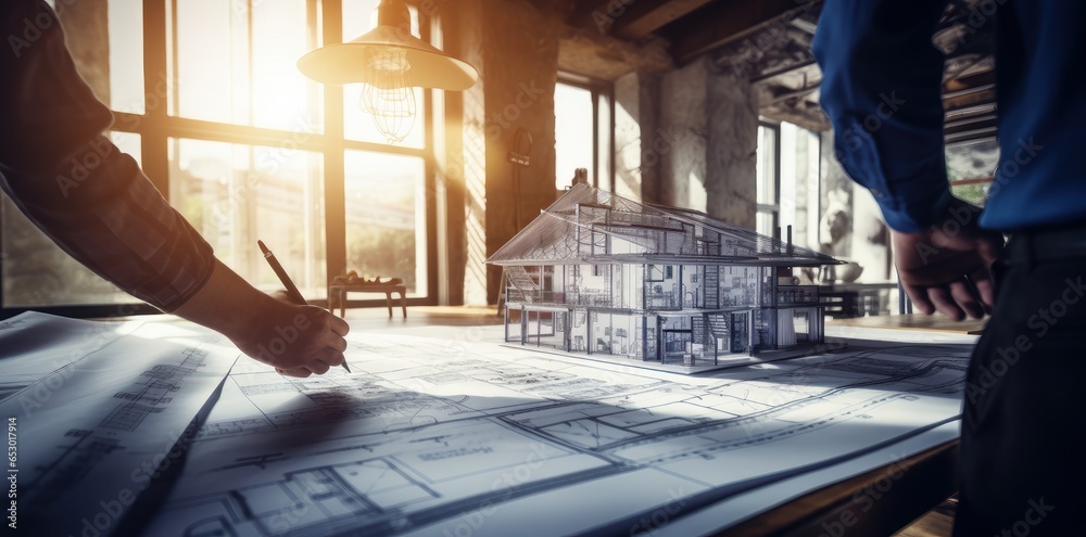 An architect and engineer collaborate at their office, analyzing ...