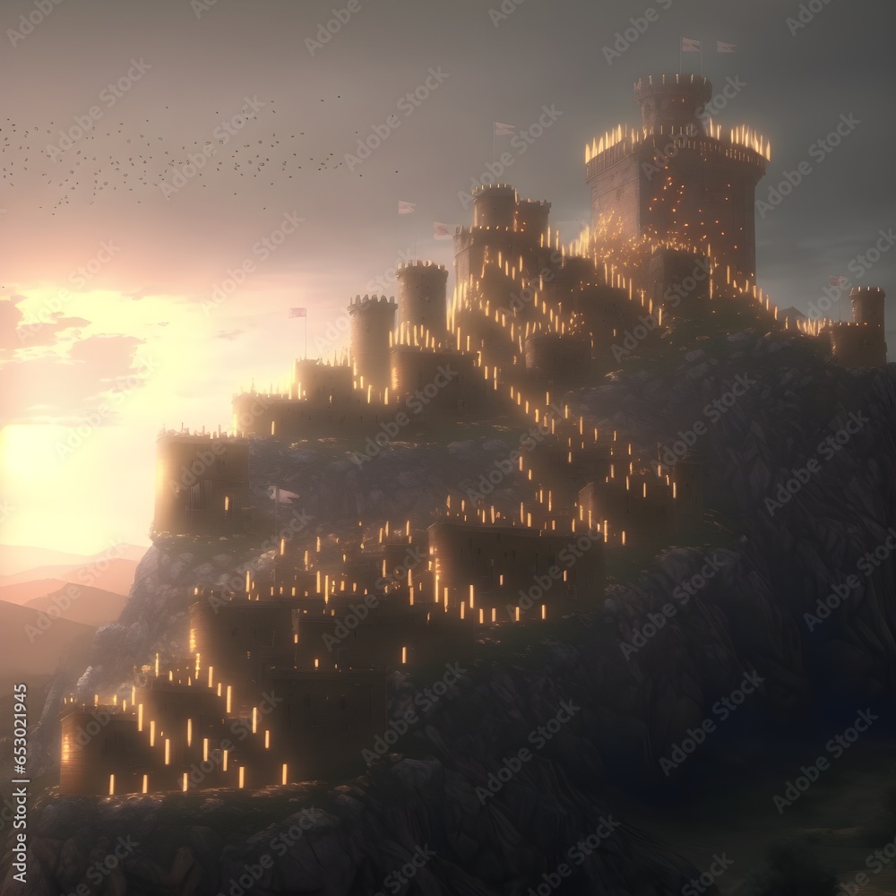 medieval army siege a fanatsy castle upon a hill glowing sprites ...