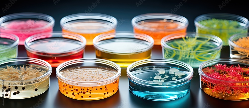 Microbiology lab studies bacterial and mold colonies on agar plates ...