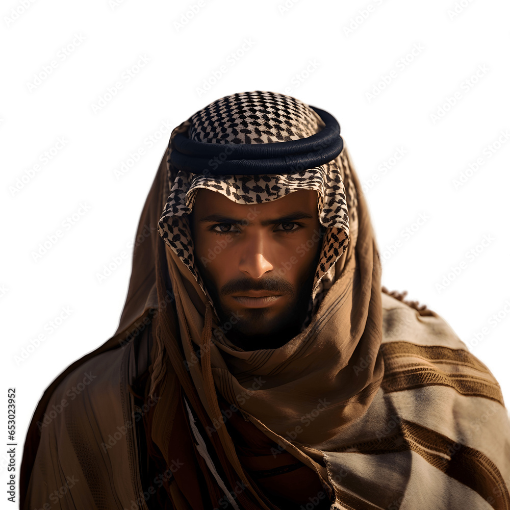 Portrait of an arabian man wearing arab shemagh headscarf on ...