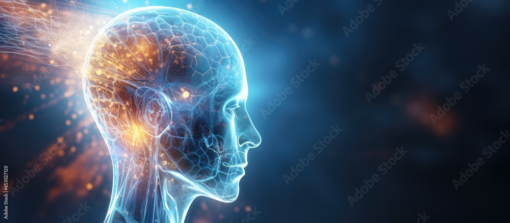 Blue futuristic illustration of a transparent head with a brain ...