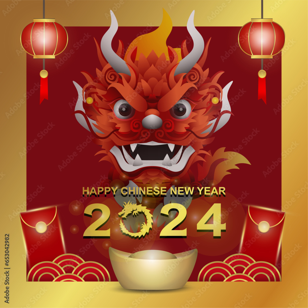 happy chinese new year 2024 with 3d chinese dragon and golden frame ...