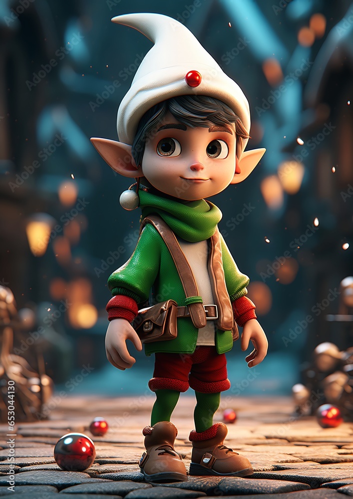 cartoon elf green coat red pants standing brick road boy neutral face ...