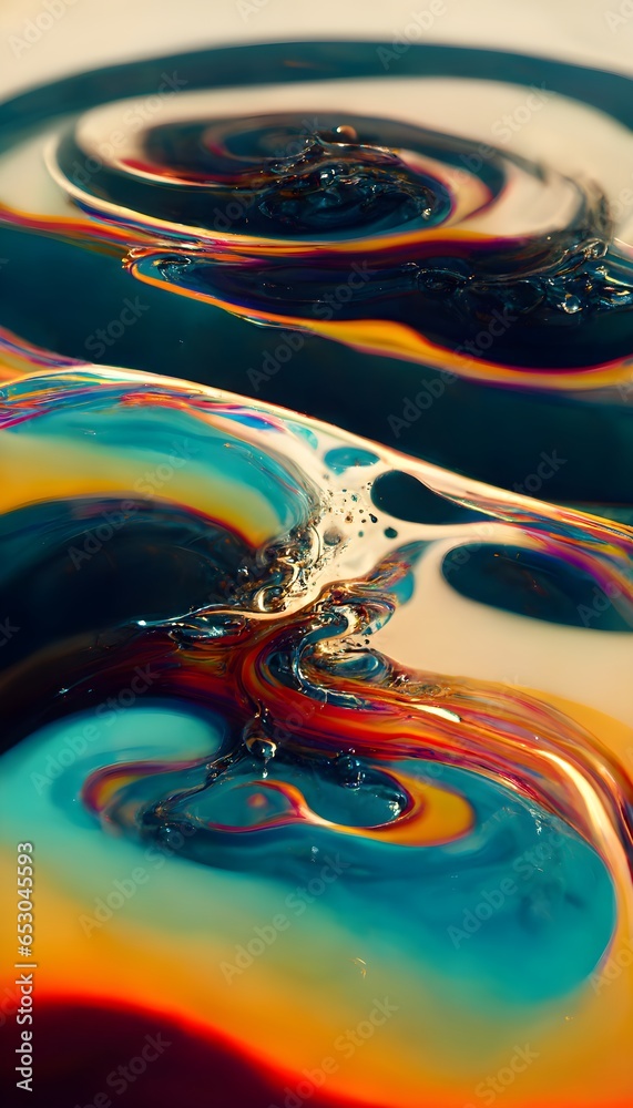 liquid in reverse gravity flowing creating drops and runs of color ...