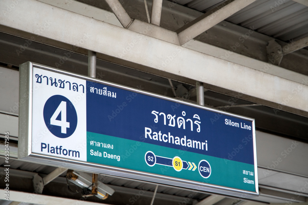 Sign of BTS Ratchadamri station for the blue line in Bangkok. Stock ...