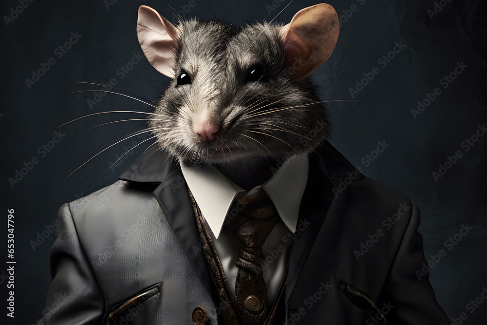 The rat wears a neat suit and tie working in the office, an ...