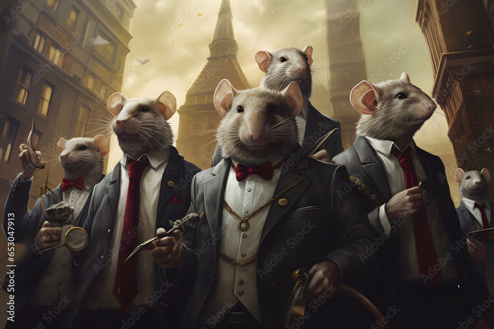 The rat wears a neat suit and tie working in the office, an ...