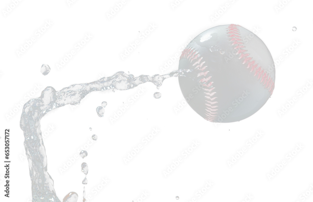 Baseball ball hit water and splash in air. Baseball ball fly in rain ...