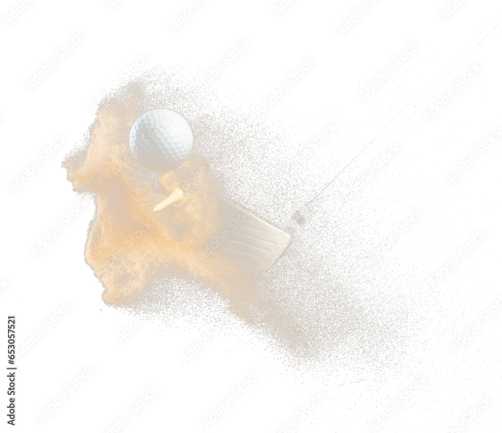 Golf ball tee explode from sand bunker. Golfer hit ball with club to ...