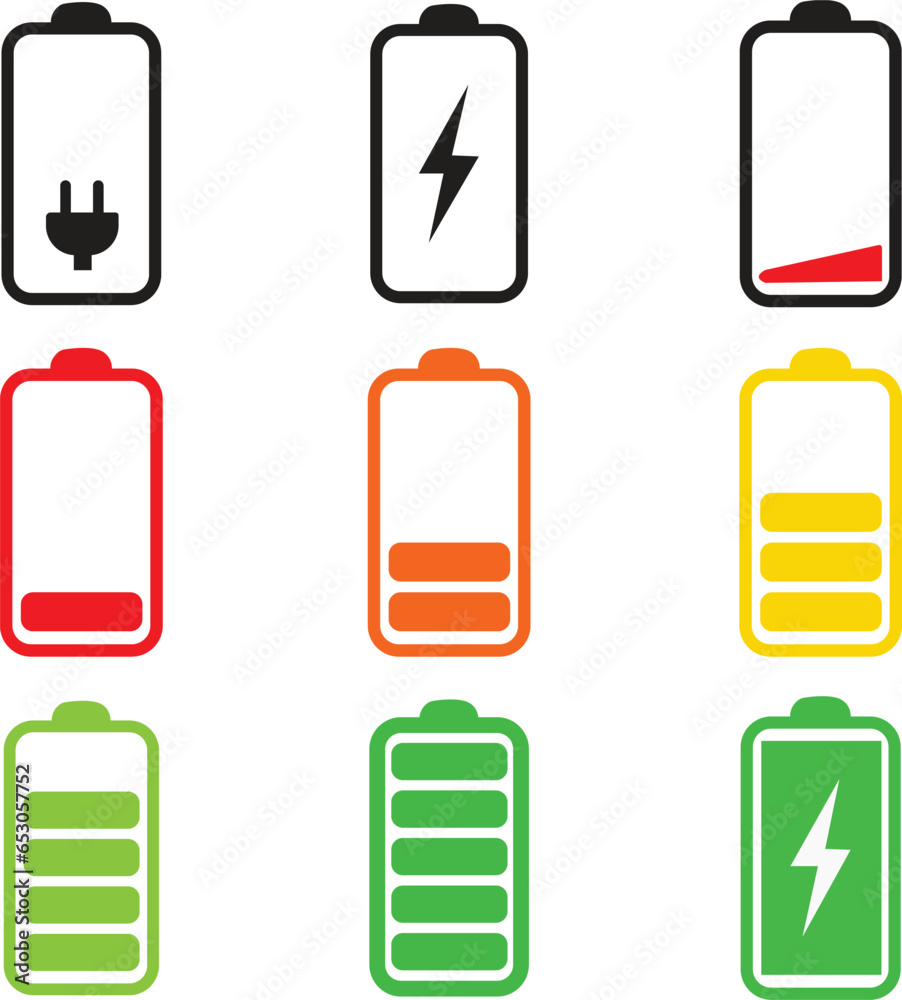 set of vertical flat battery level indicator in percentage. Battery ...