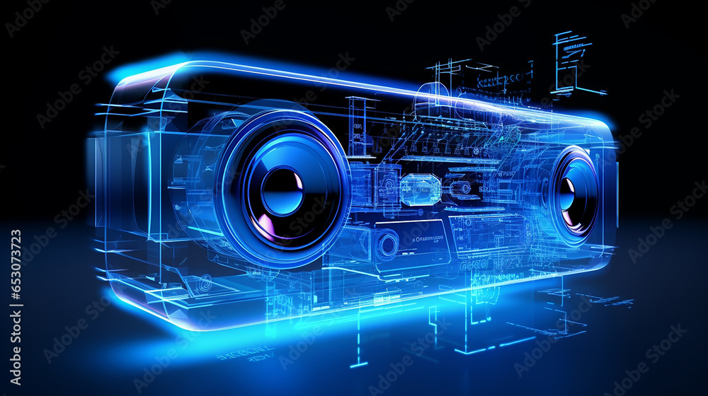 A holographic USB speaker diagram projects a 3D image displaying ...