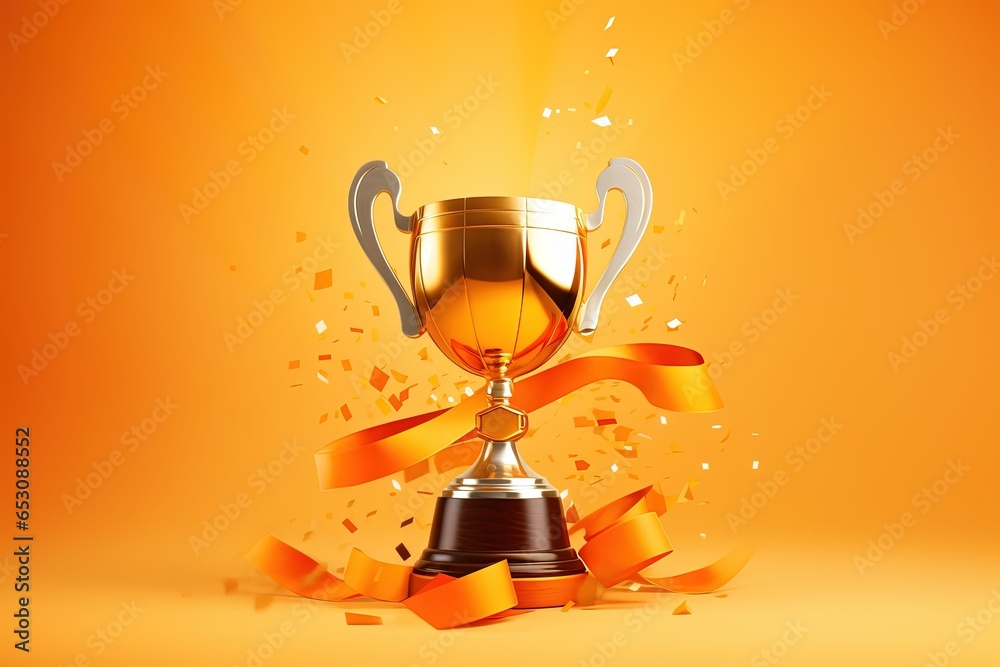 Golden trophy and streamers in sport competition with golden background ...