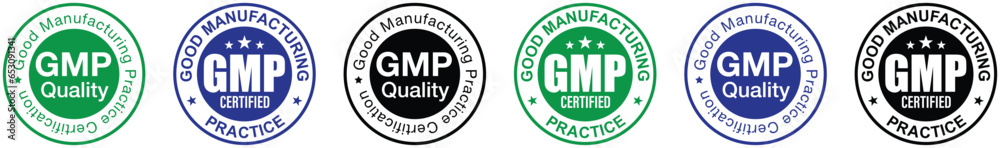 GMP (Good Manufacturing Practice) certified round stamp on white ...