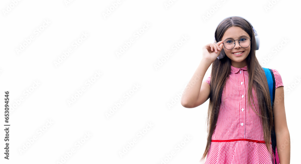 teen girl in modern headphones. online education. back to school. happy ...