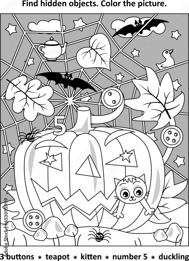 Halloween activity. Find hidden objects picture puzzle and coloring ...