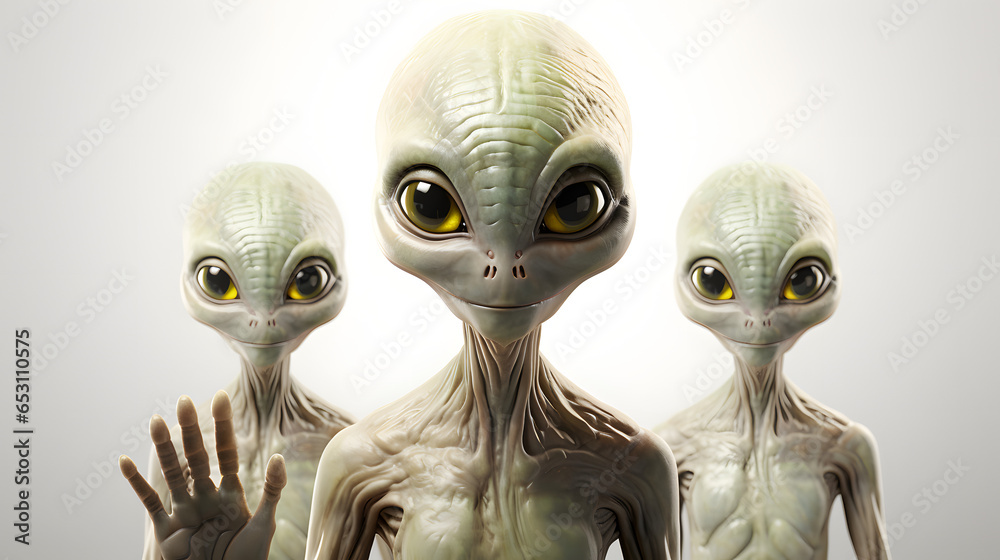 Aliens arrival concept, one alien are smiling and waving greeting on ...