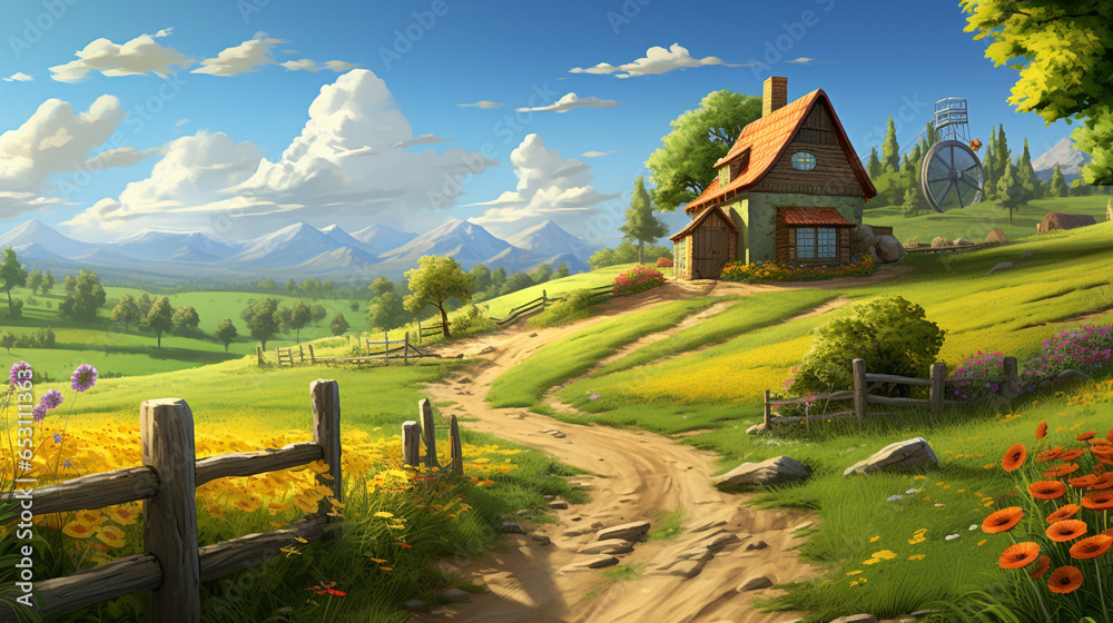 Rural landscape with field, trees, grass. Ecologically clean area with ...