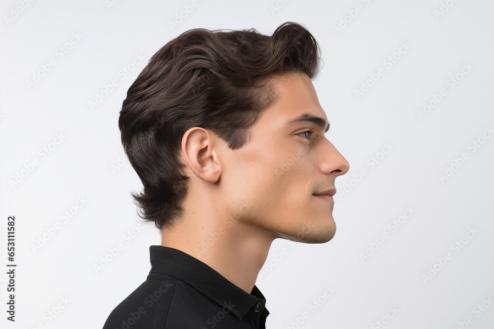 Profile side generative AI photo of a handsome male model demonstrating haircut isolated on ...