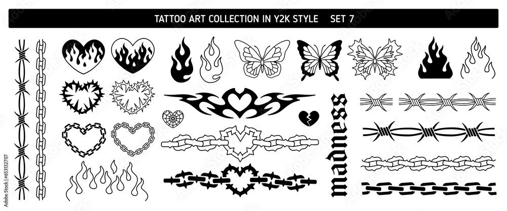 Y2k Tattoo Art design in 2000s style set 7. Y2k Line art tattoo ...