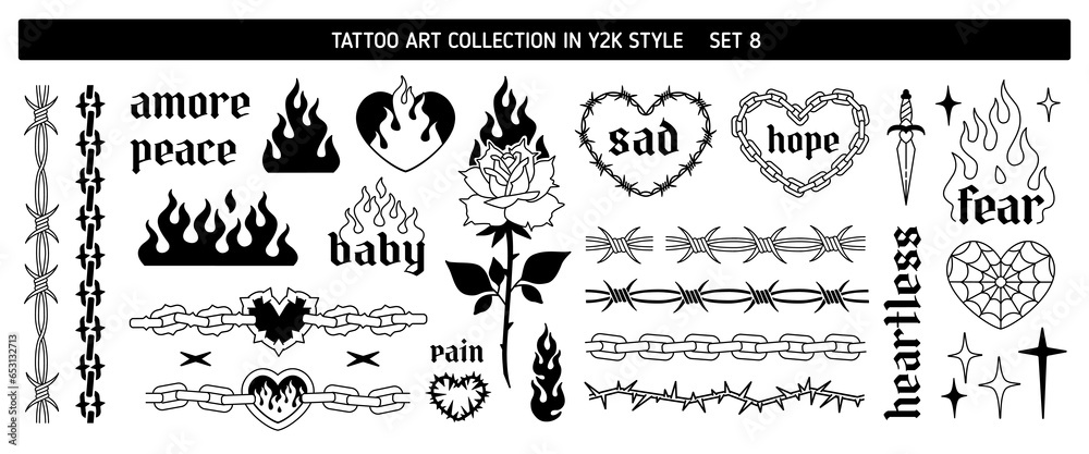 Y2k Tattoo Art design in 2000s style set 8. Y2k Line art tattoo ...