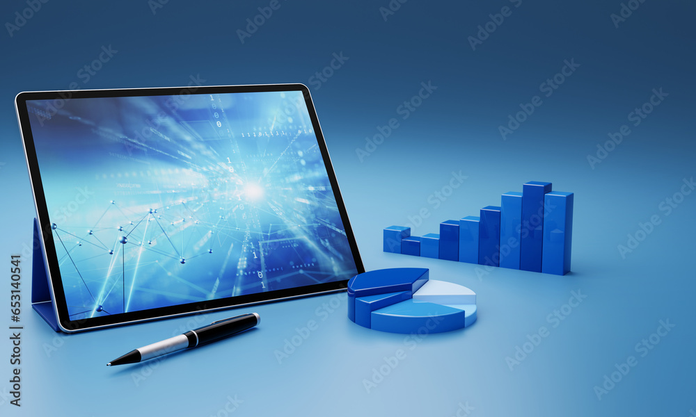 Tablet computer, pie chart and bar graph models on light blue ...