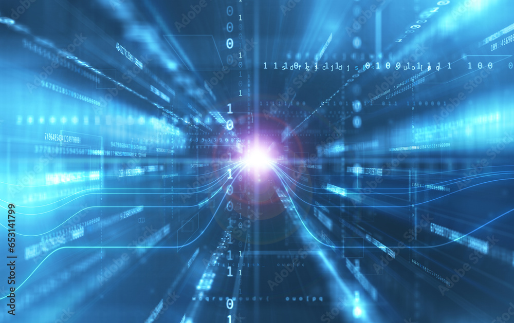Binary code and data flowing with high speed light trails in futuristic ...