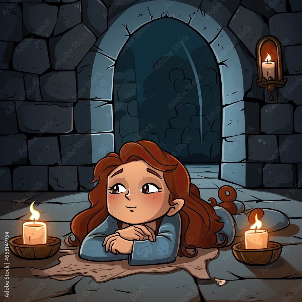 An illustration of a princess in a medieval castle at night. Cartoon ...