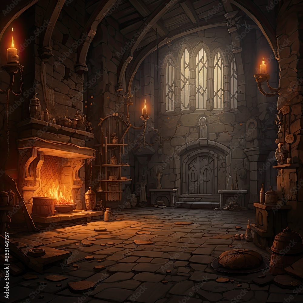 An illustration of a medieval room interior in a castle. Old tower ...