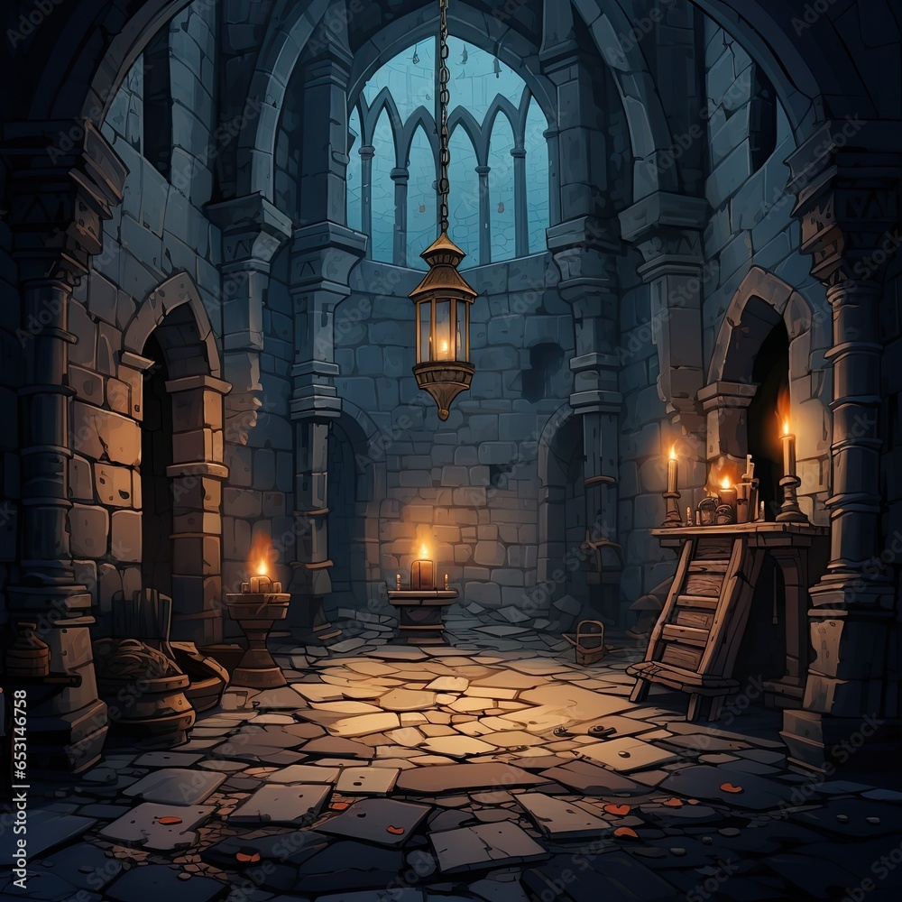 An illustration of a medieval castle chamber. Game design. Cartoon ...