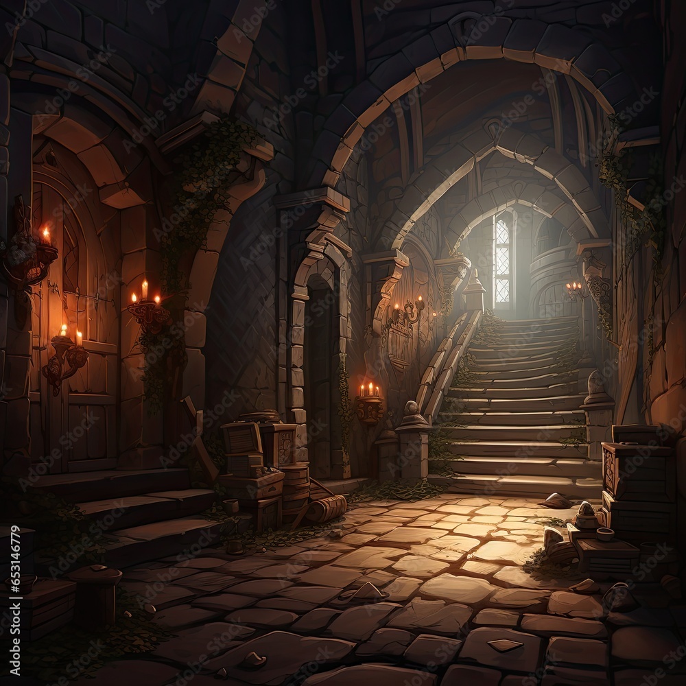 An illustration of a cartoon scene. Wooden stairs and a door in a stone ...